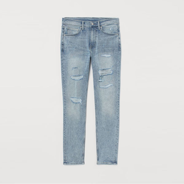 HnM - Mens ' Light Blue ' Light Stretch Denim With Heavily Distressed ...